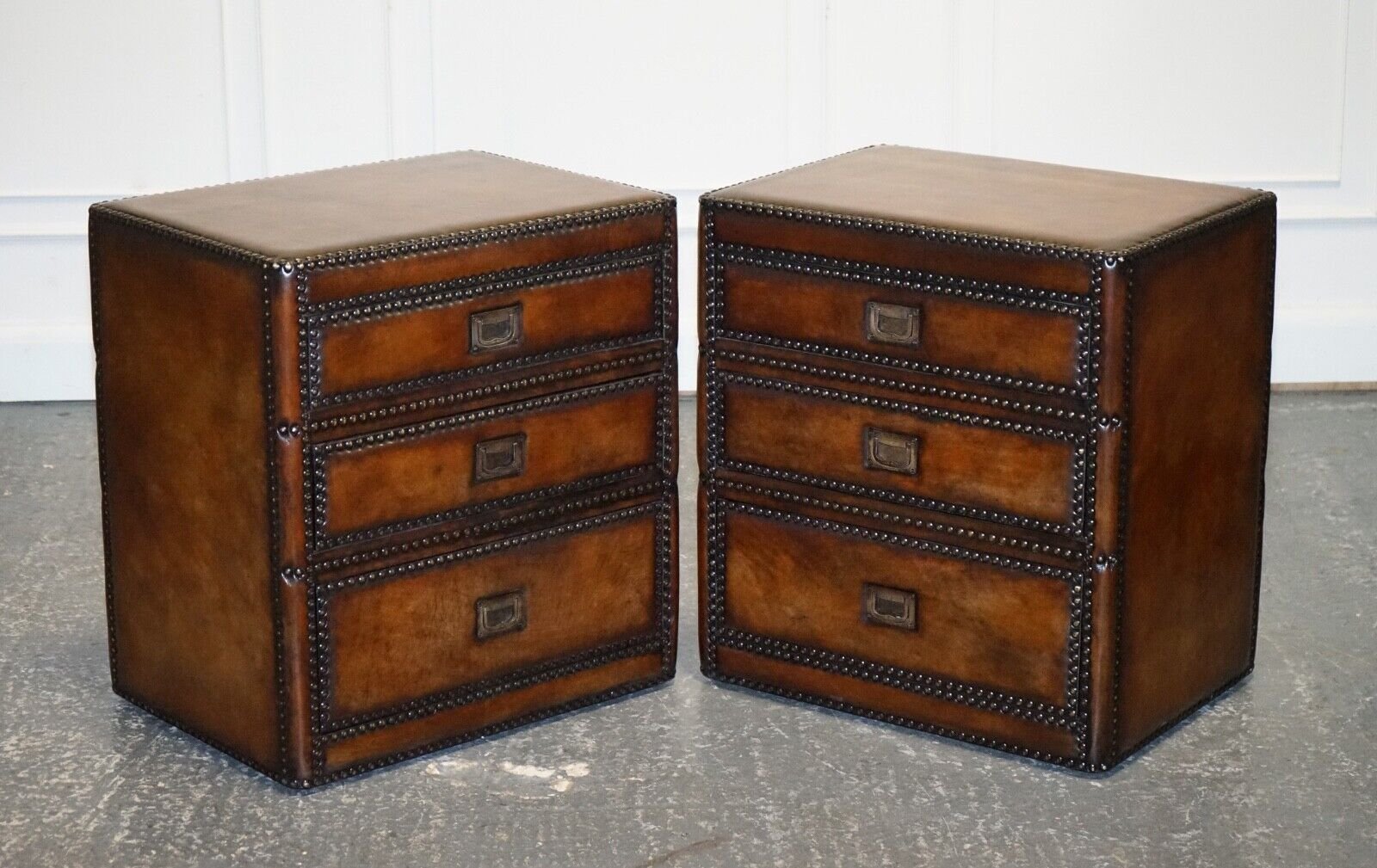 Military Campaign Hand-Dyed Leather Bedside Nightstands, Set of 2 for ...