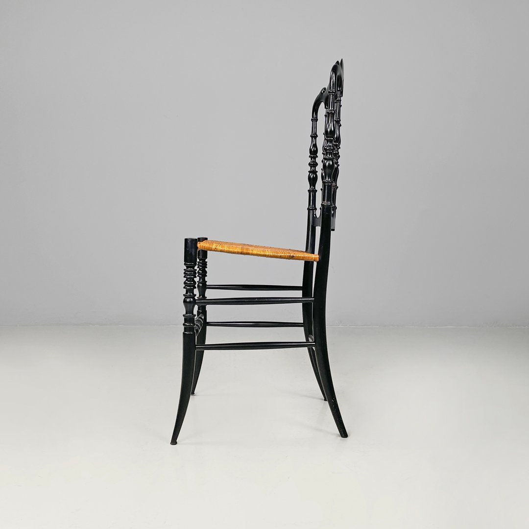 Italian Art Nouveau Chiavarina Chairs in Black Wood and Wicker, Early ...