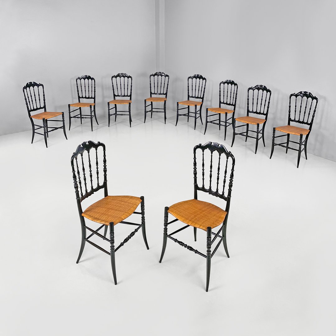 Italian Art Nouveau Chiavarina Chairs in Black Wood and Wicker, Early ...