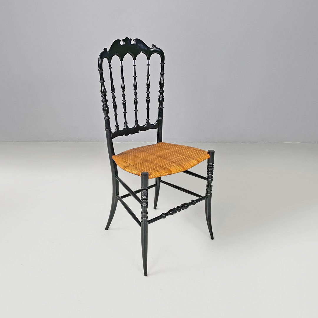 Italian Art Nouveau Chiavarina Chairs in Black Wood and Wicker, Early ...