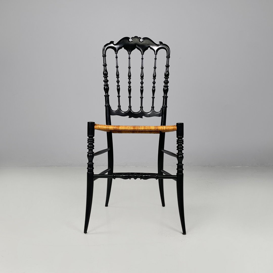 Italian Art Nouveau Chiavarina Chairs in Black Wood and Wicker, Early ...