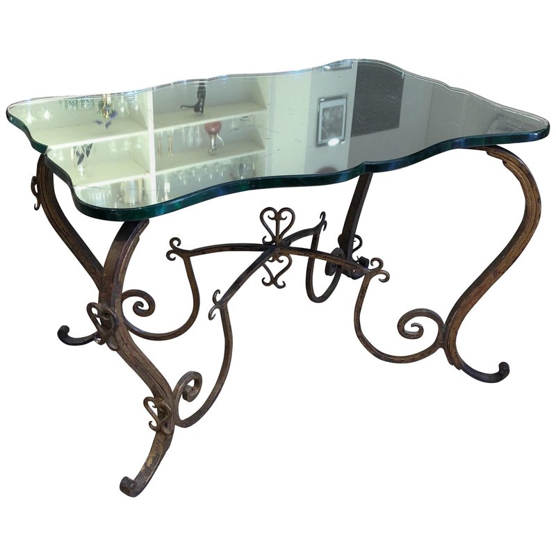 Hand-Forged Guilded Metal Table with Mirrored Glass Top by Rene Drouet, 1930s for sale at Pamono