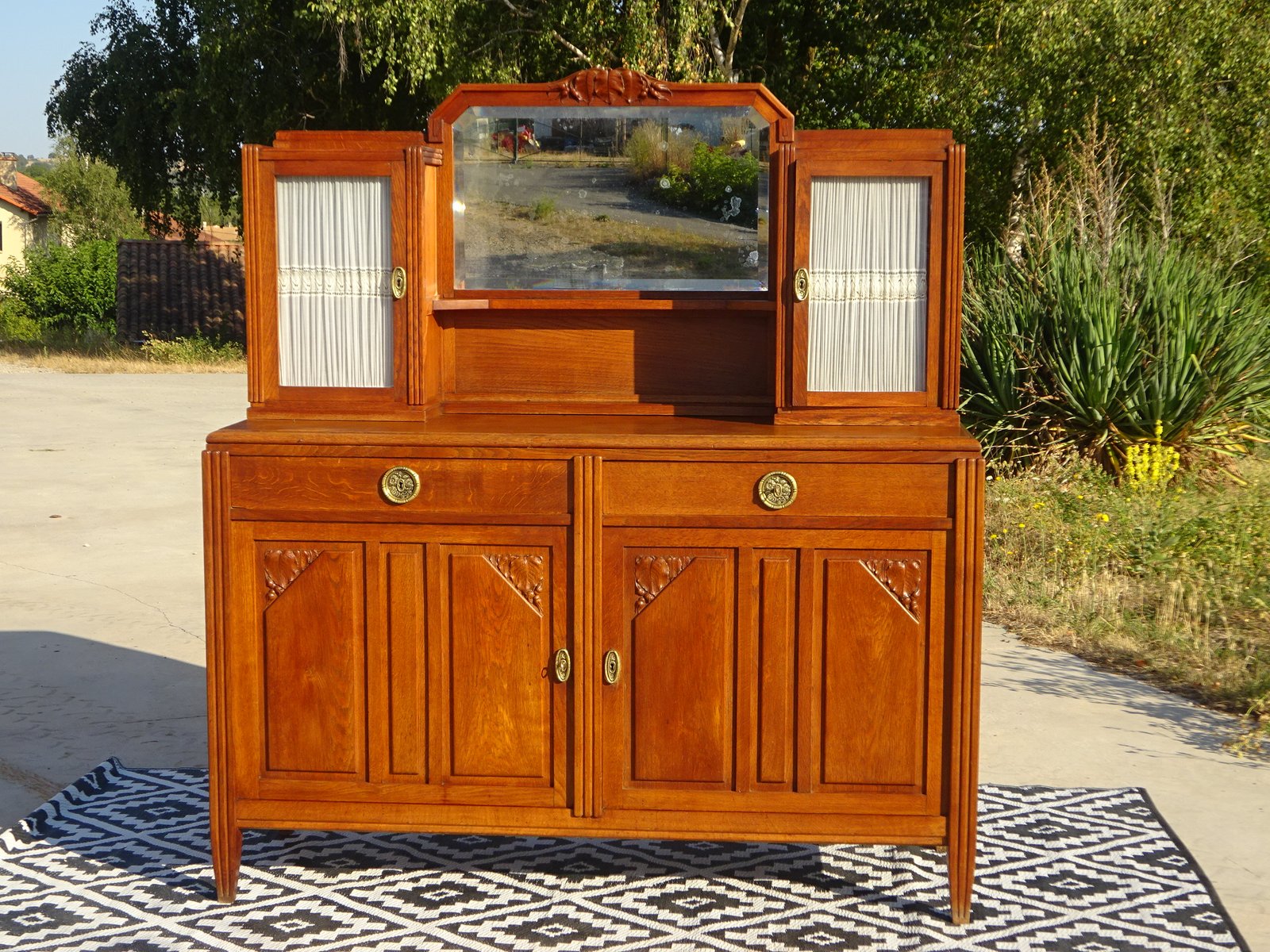 Vintage Oak Buffet with Sentry Boxes and Mirror for sale at Pamono