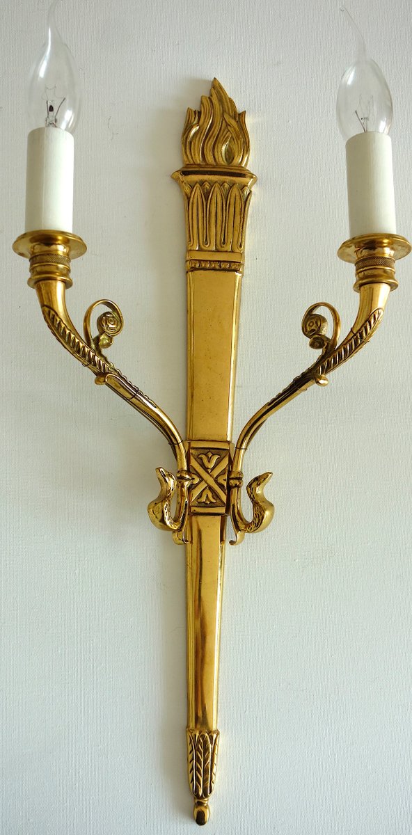Empire Brass Figural Flame Wall Lamps, 1940s, Set of 2 for sale at Pamono
