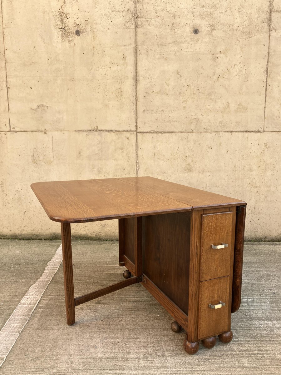 Large Oak Drop Leaf Dining Table with Long Drawers, 1940s for sale at ...