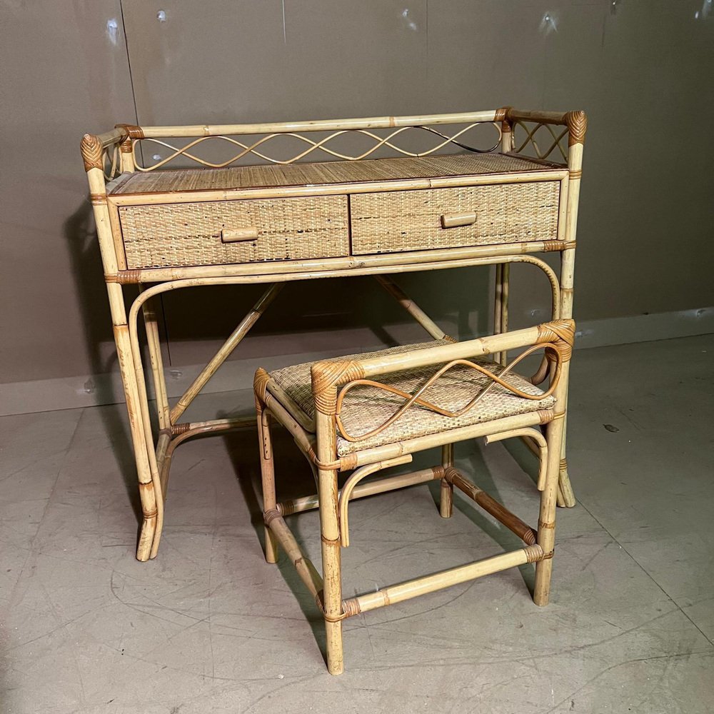 Vintage Cane and Bamboo Dressing Table and Stool, Set of 2 for sale at ...