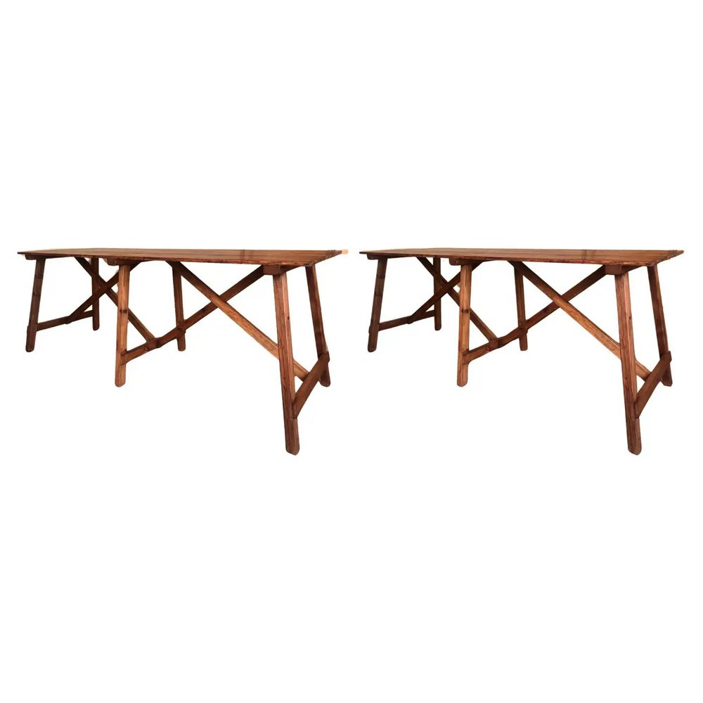 Antique Spanish Rustic Pine Dining Tables with Stretcher, 1890, Set of ...