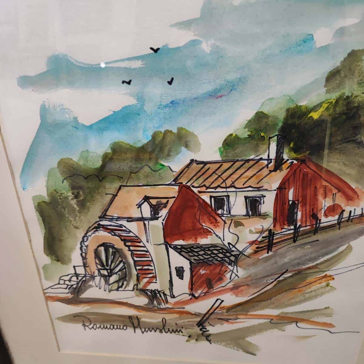 Roman Mussolini, Farmhouse with Mill, Tempera, Framed for sale at Pamono
