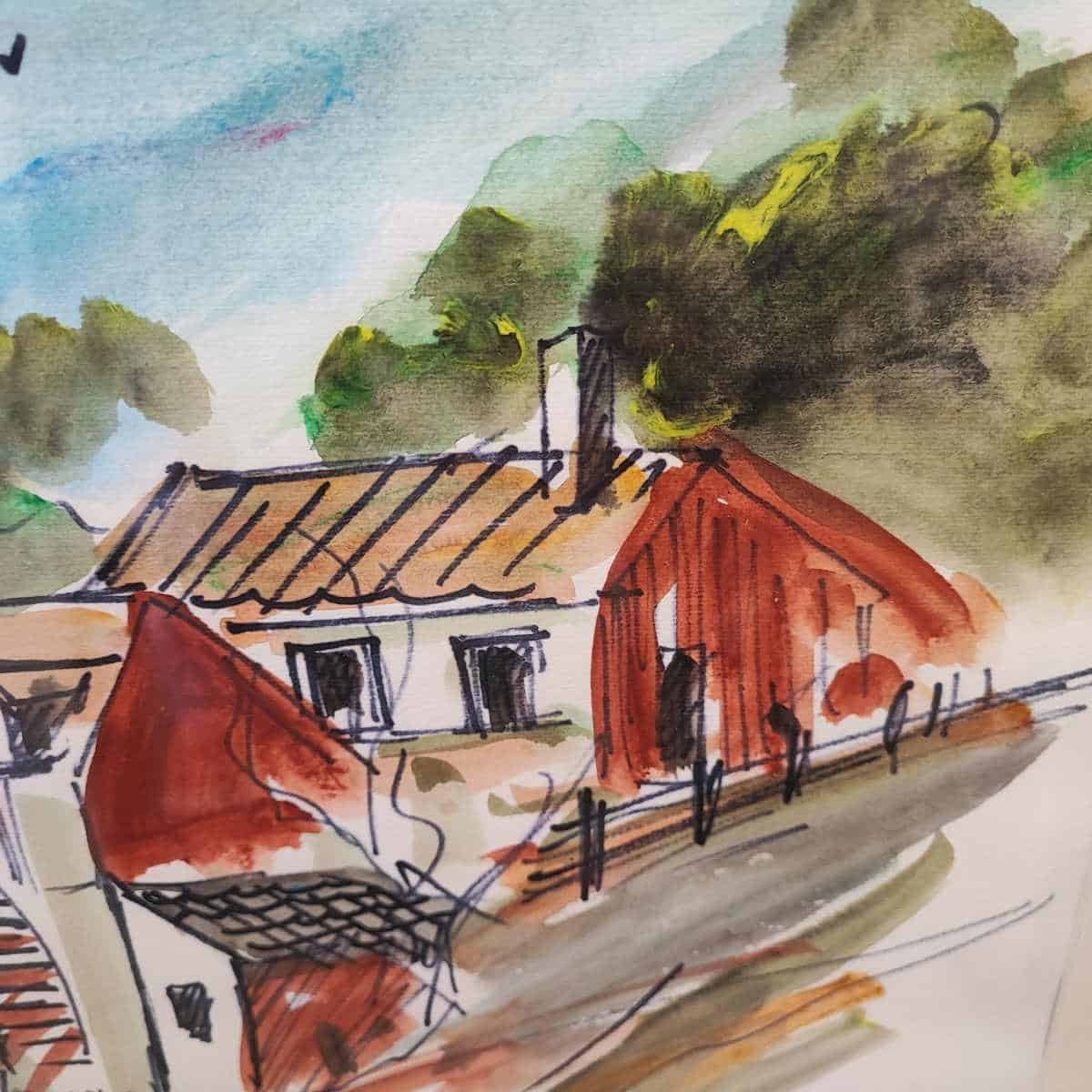 Roman Mussolini, Farmhouse with Mill, Tempera, Framed for sale at Pamono