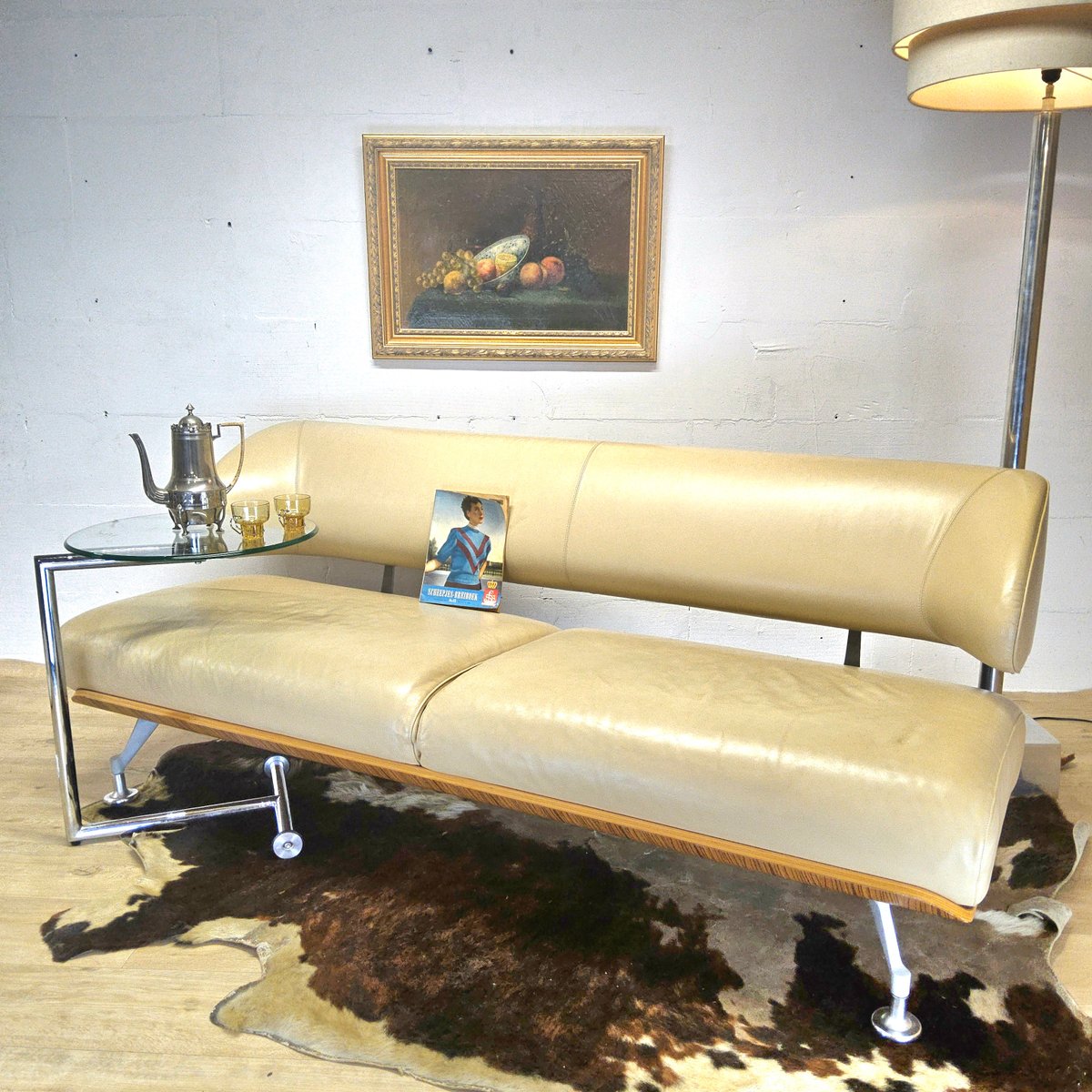 Italian Surfing Sofa in Cream Cow Leather, Wood Veneer and Stainless ...