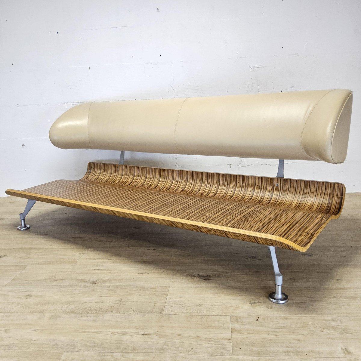 Italian Surfing Sofa in Cream Cow Leather, Wood Veneer and Stainless ...