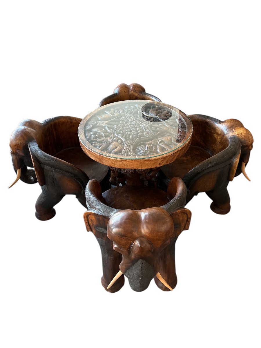 Hand-Carved Wooden Elephant Table Set, Set of 5 for sale at Pamono