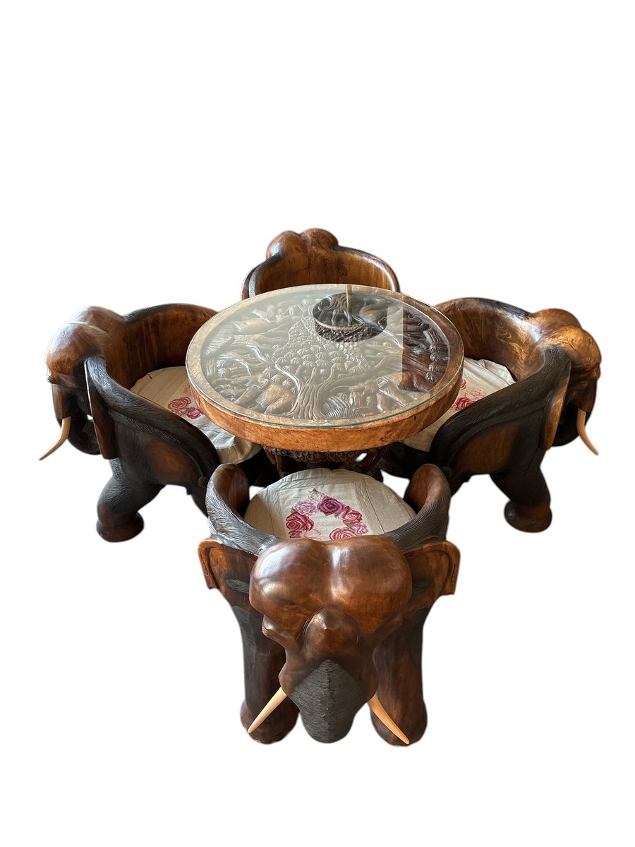 Hand-Carved Wooden Elephant Table Set, Set of 5 for sale at Pamono