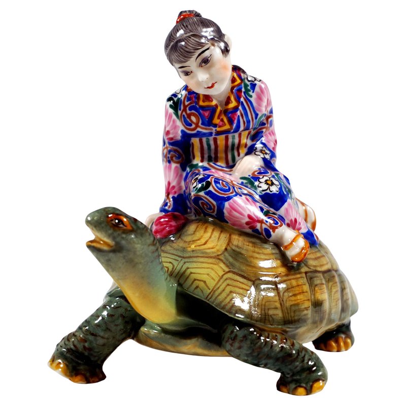 Art Deco Japanese Girl Riding on Turtle from Marcell Goldscheider ...