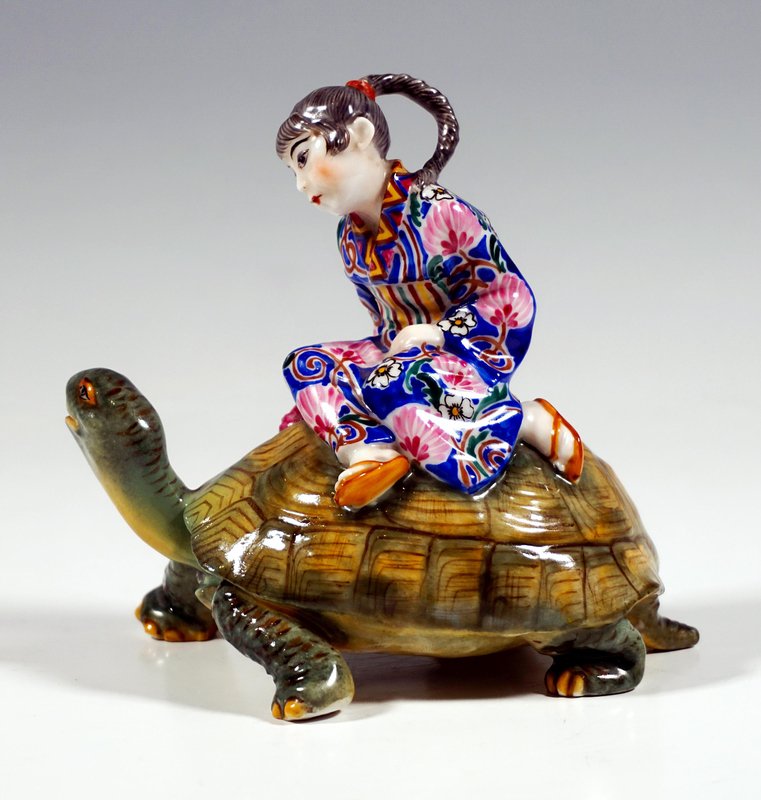 Art Deco Japanese Girl Riding on Turtle from Marcell Goldscheider ...