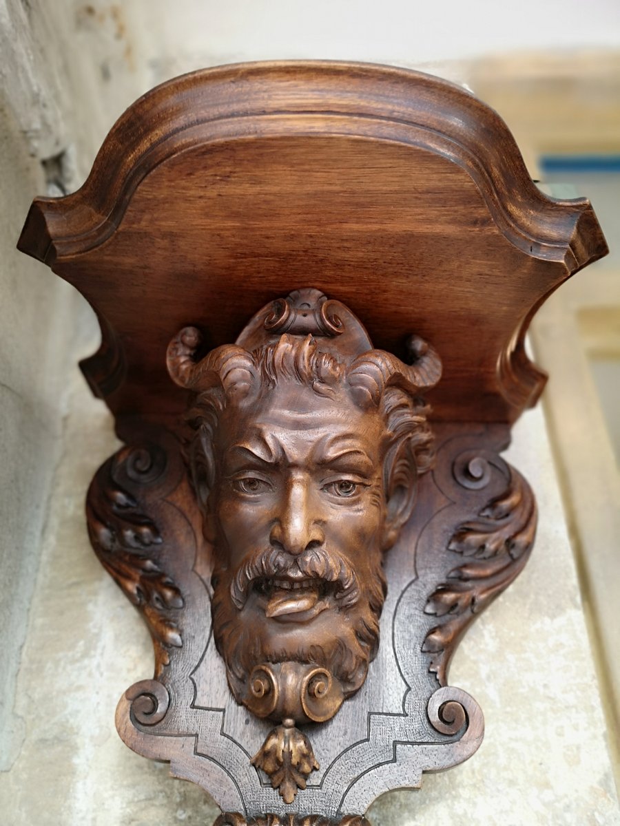 Carved Wooden Devil Face Wall Shelf for sale at Pamono
