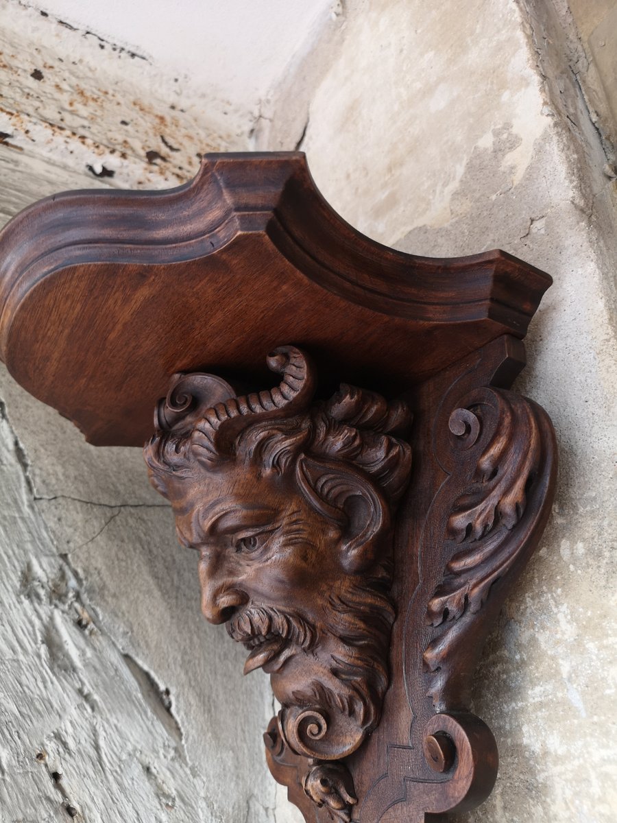 Carved Wooden Devil Face Wall Shelf for sale at Pamono