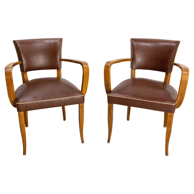 Art Deco French Bridge Chairs in Brown Faux-Leather, 1930s, Set of 2 ...