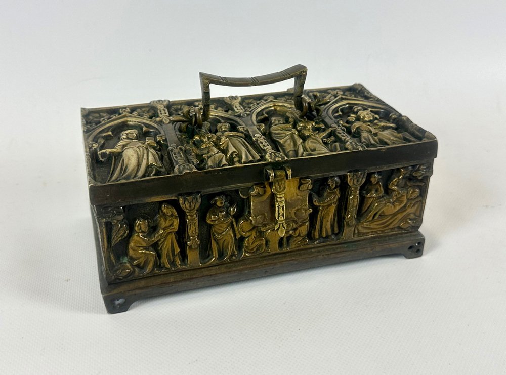 Antique Gothic Revival Bronze Jewelry Box with Religious Scenes, 19th ...