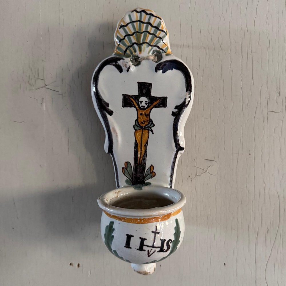18th Century Wall-Mounted Holy Water Font in Polychrome Earthenware by ...