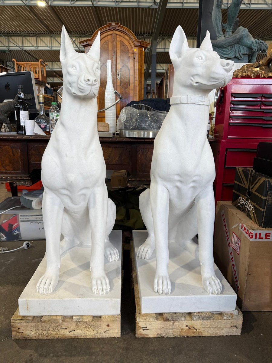 Monumental Hand-Carved White Marble Doberman Statues, Set of 2 for sale ...