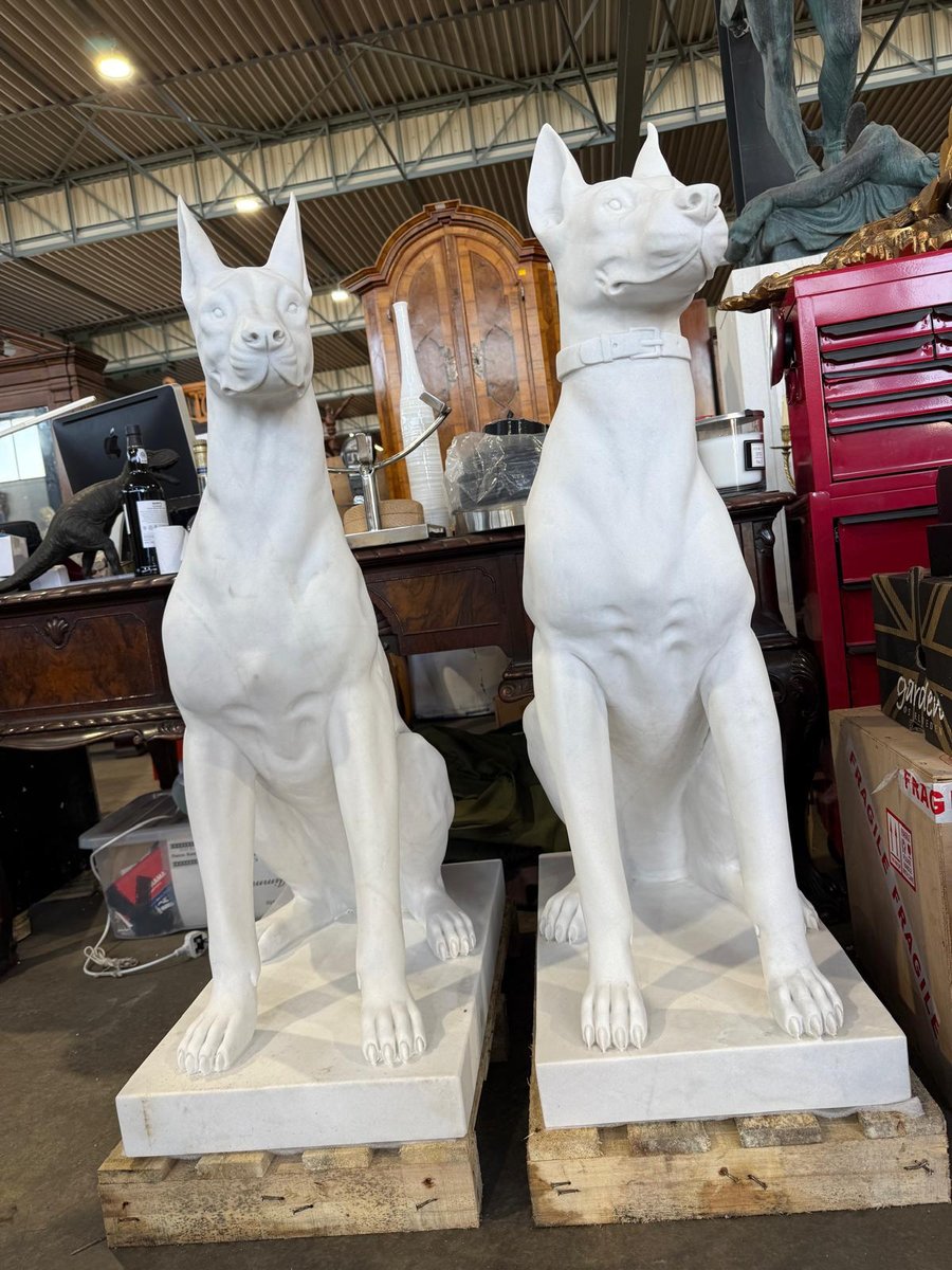 Monumental Hand-Carved White Marble Doberman Statues, Set of 2 for sale ...