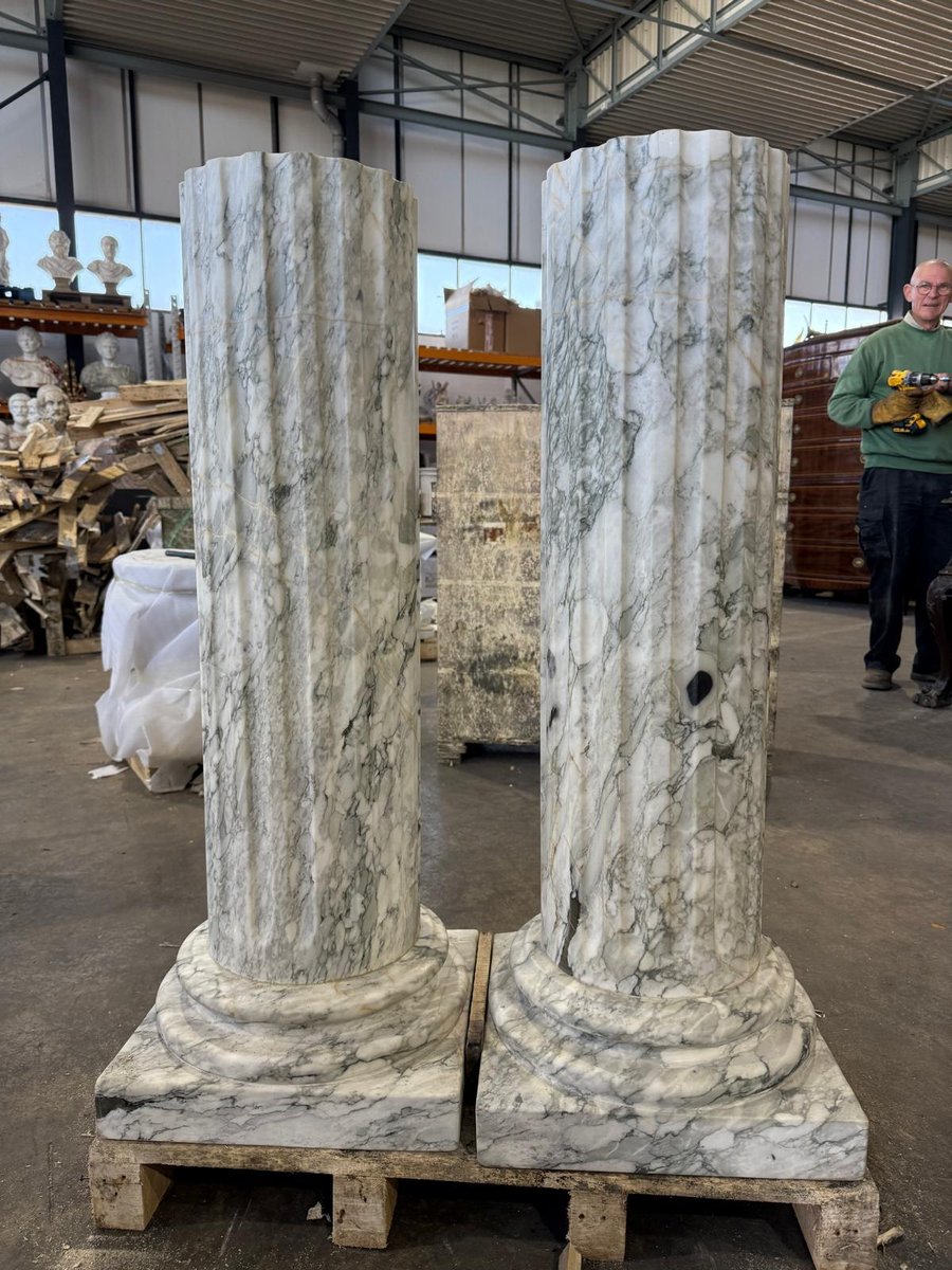 Grand Fluted Verde Alpi Marble Columns on Stepped Bases, Set of 2 for ...
