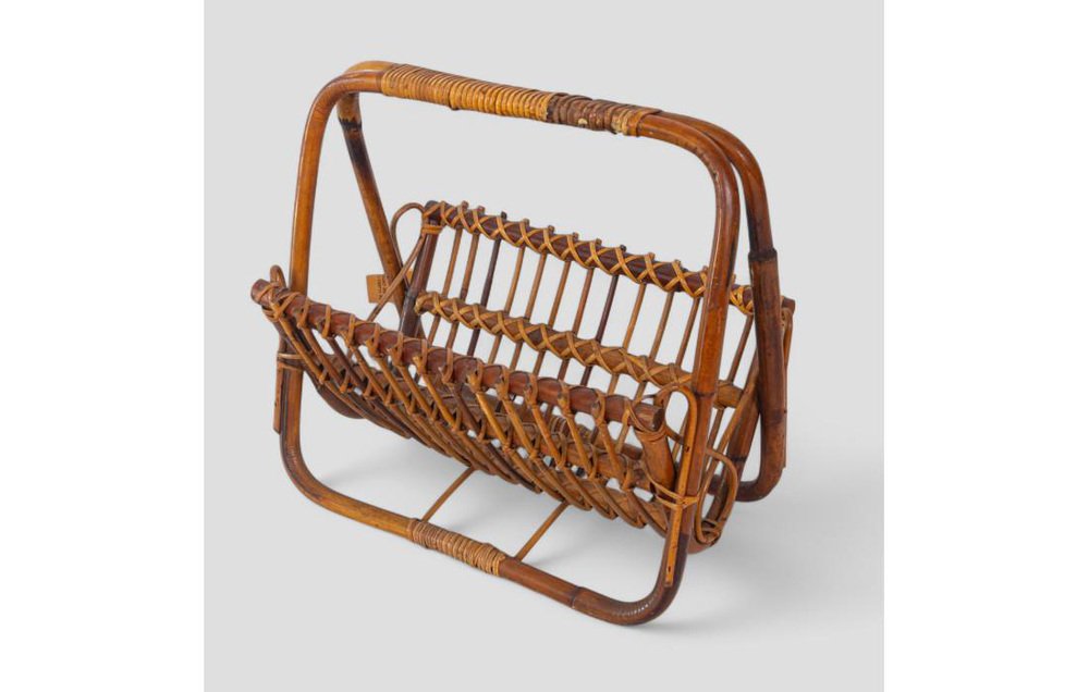 Vintage Curved Rattan Magazine Rack, 1960s for sale at Pamono