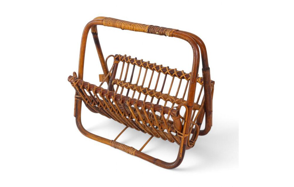 Vintage Curved Rattan Magazine Rack, 1960s for sale at Pamono