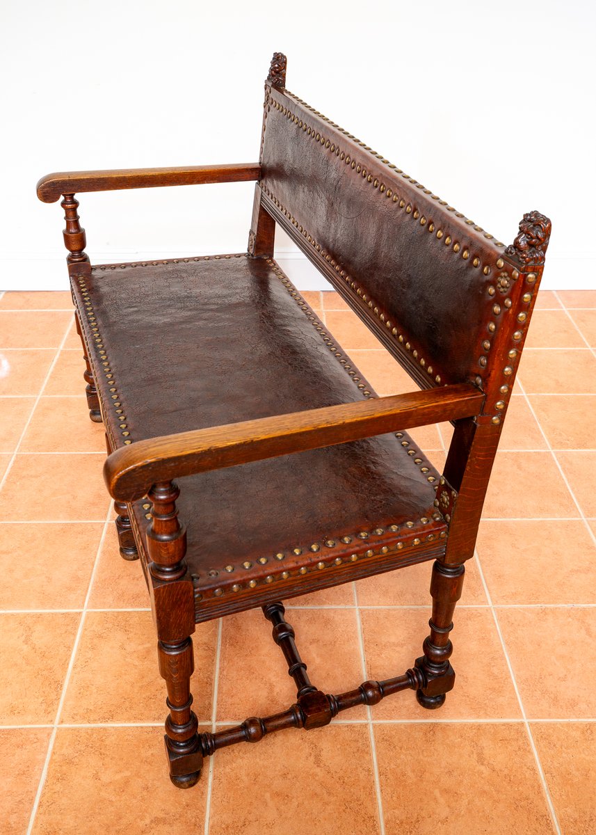 Antique Spanish Colonial Oak Leather Bench, 1890s for sale at Pamono