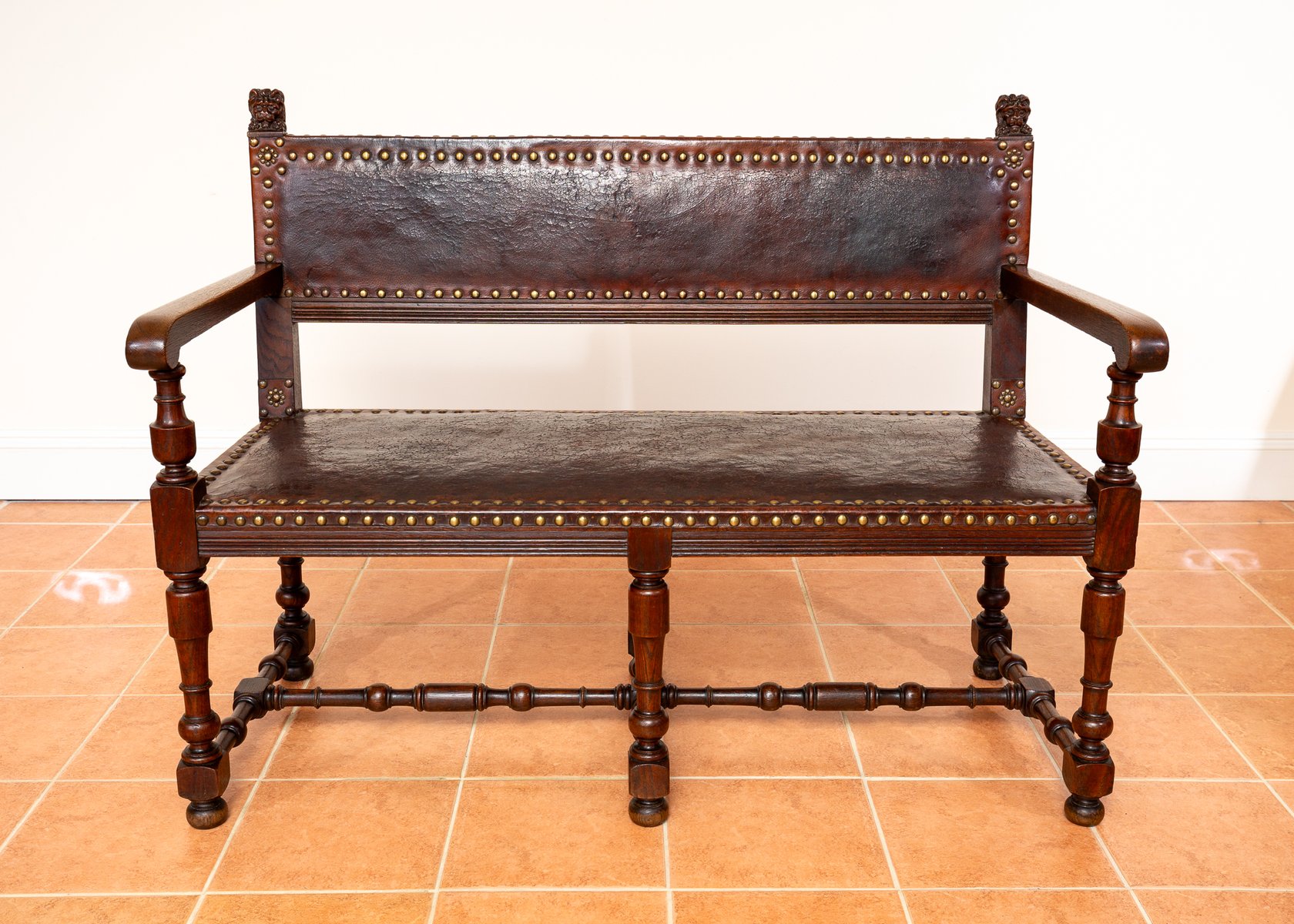 Antique Spanish Colonial Oak Leather Bench, 1890s for sale at Pamono