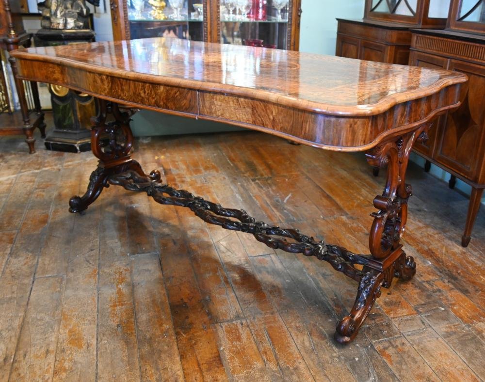 Victorian Stretcher Table in Walnut Centre Marquetry Inlay, 1860s for ...