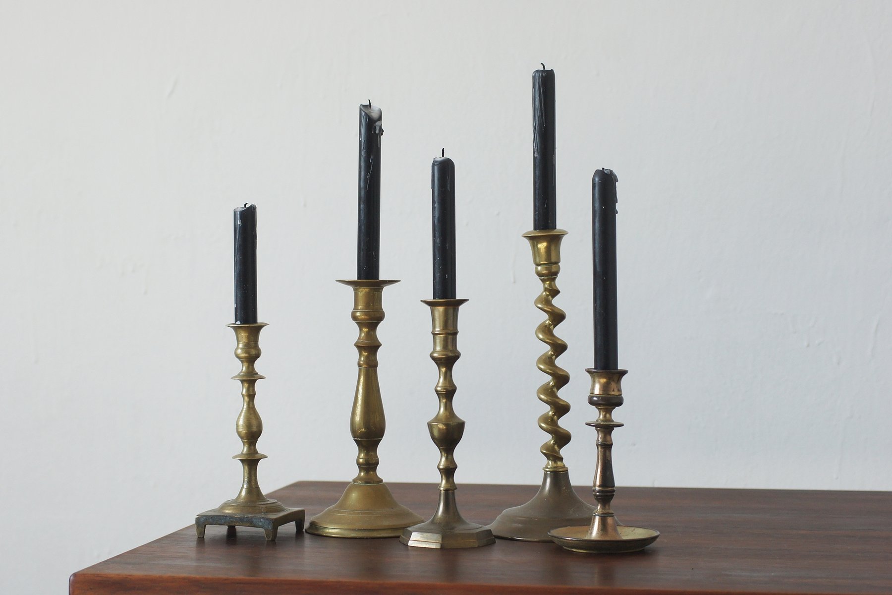 Vintage Brass Candlesticks, 1960s, Set of 5 for sale at Pamono