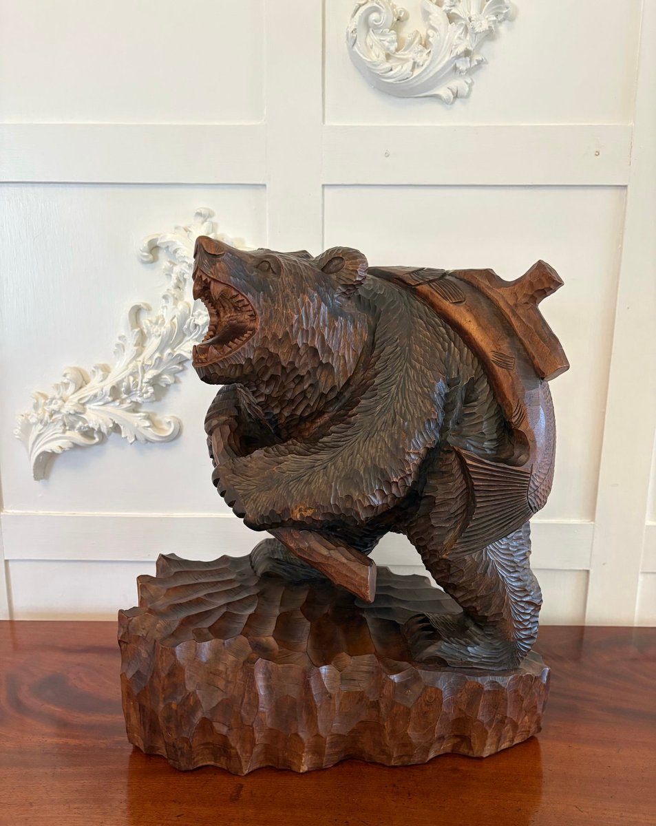 Large Japanese Edwardian Carved Linden Wood Bear Carrying a Fish, 1900s ...