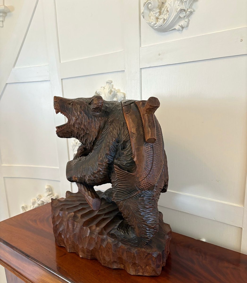 Large Japanese Edwardian Carved Linden Wood Bear Carrying a Fish, 1900s ...