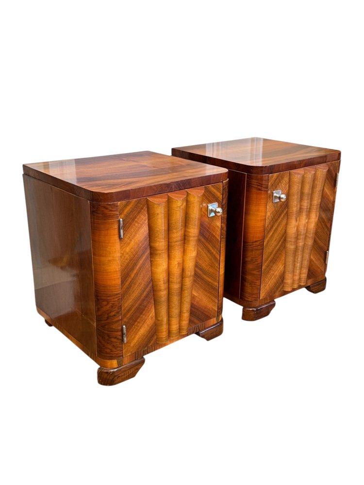 Bauhaus Art Deco Nightstands in Walnut Root Veneer and Conical Columns ...