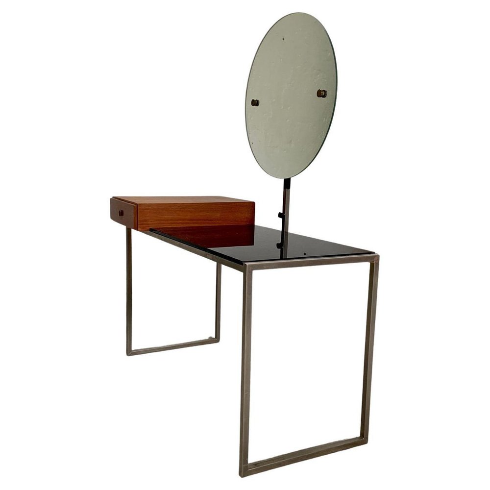 Small Dressing Table with Iconic Round Mirror in Glass and Steel, 1970s ...