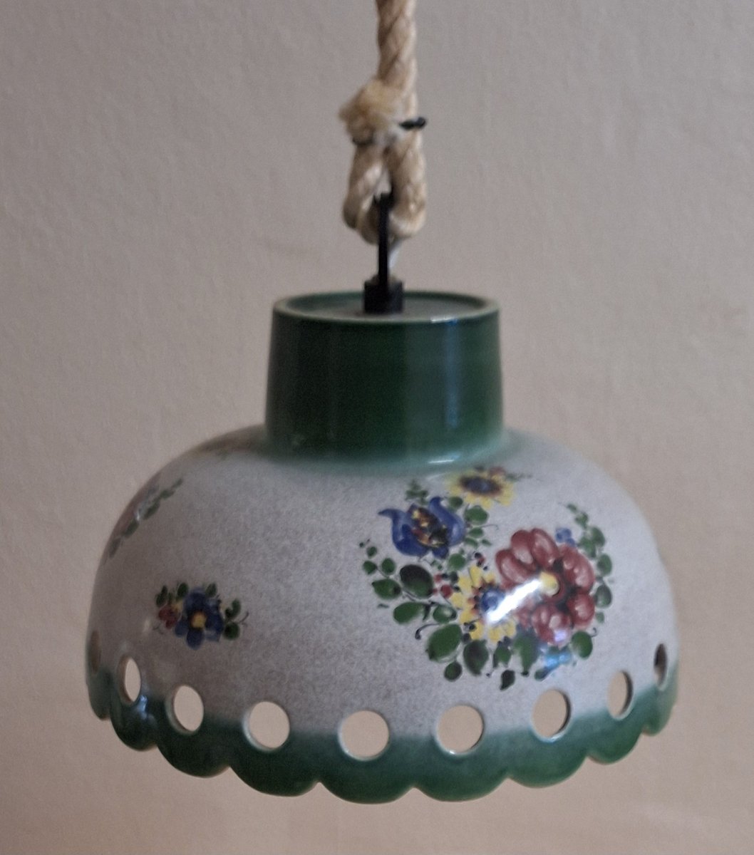 Vintage Rustic German Ceiling Lamp in Beige-Green Ceramic with Colored ...