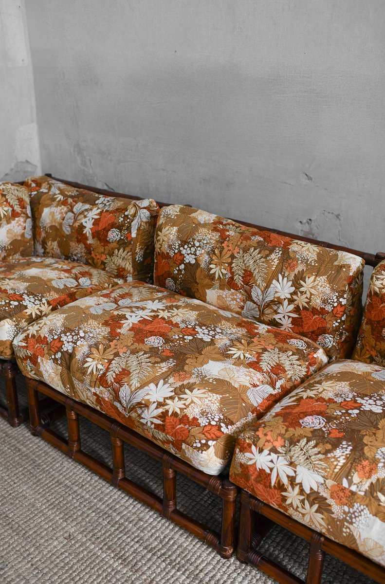 Bamboo Modular Sofa and Coffee Table with Wooden Shelves, 1970s, Set of ...