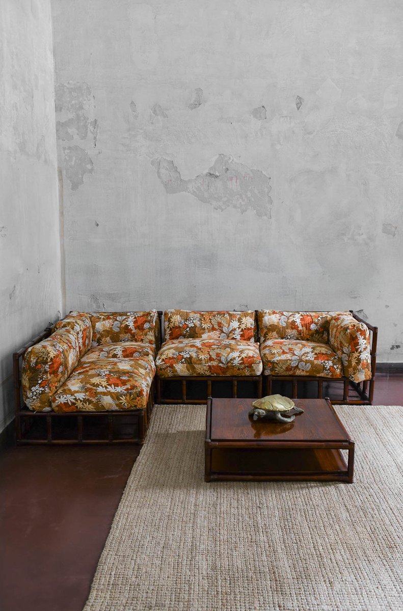 Bamboo Modular Sofa and Coffee Table with Wooden Shelves, 1970s, Set of ...