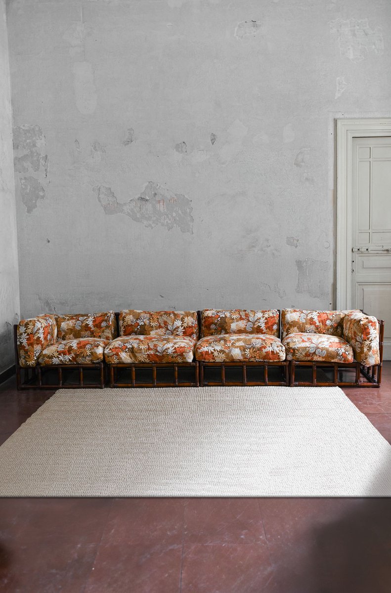 Bamboo Modular Sofa and Coffee Table with Wooden Shelves, 1970s, Set of ...