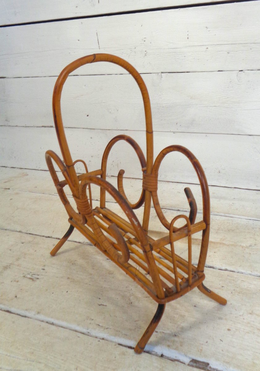 Bamboo and Wicker Magazine Rack with Scrolls, 1960s for sale at Pamono