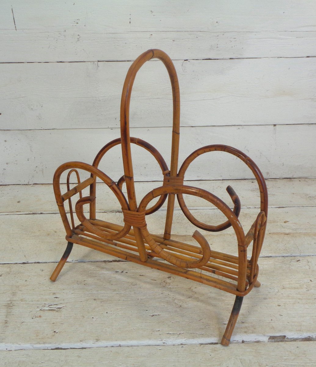 Bamboo and Wicker Magazine Rack with Scrolls, 1960s for sale at Pamono