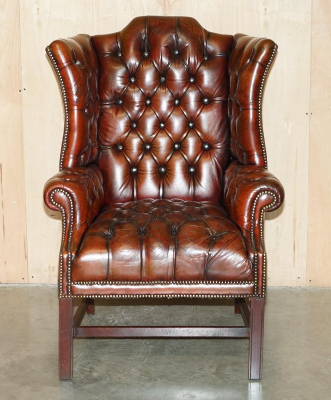 Antique Bordeaux Leather Tufted Chesterfield Wingback Armchair, 1920s ...
