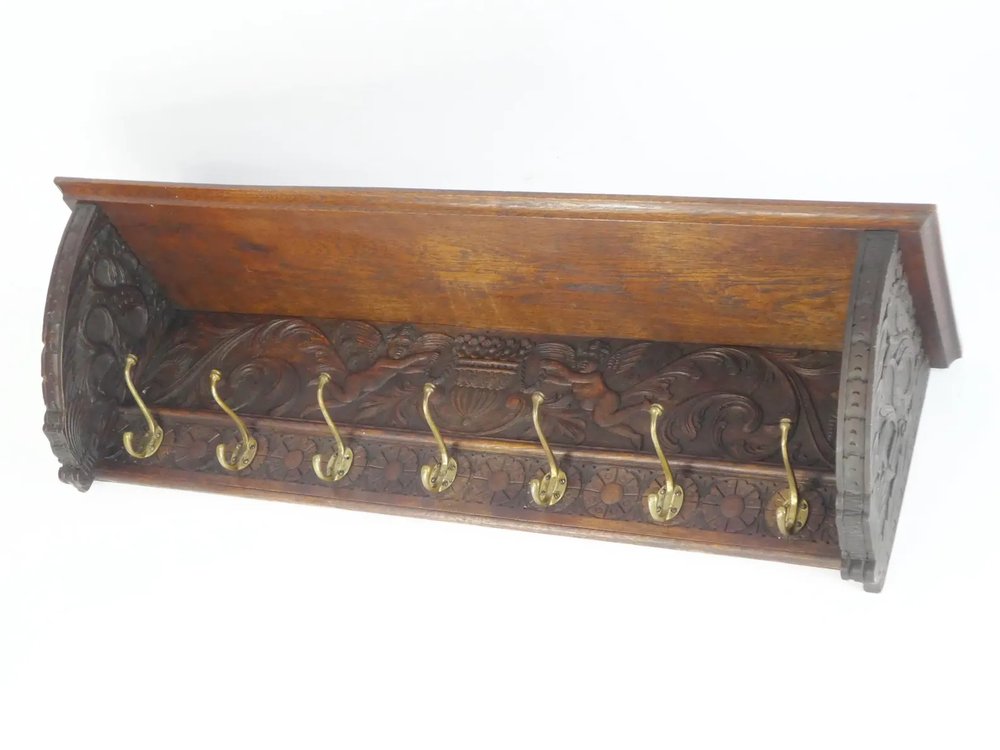 Antique French Carved Oak Wall Rack with Angel Figure and Brass Hook ...