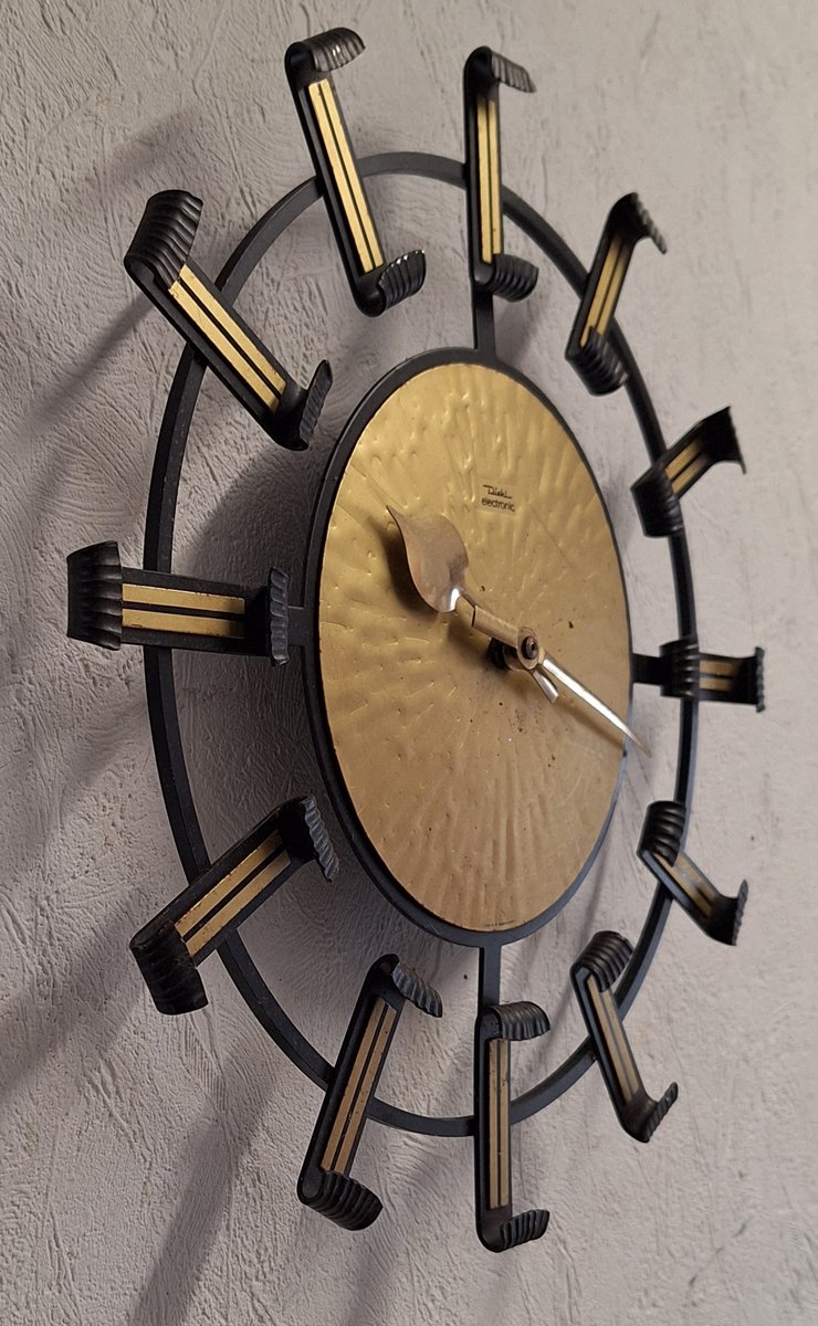 German Wall Clock with Black Metal Frame and Brass Dial from Diehl ...
