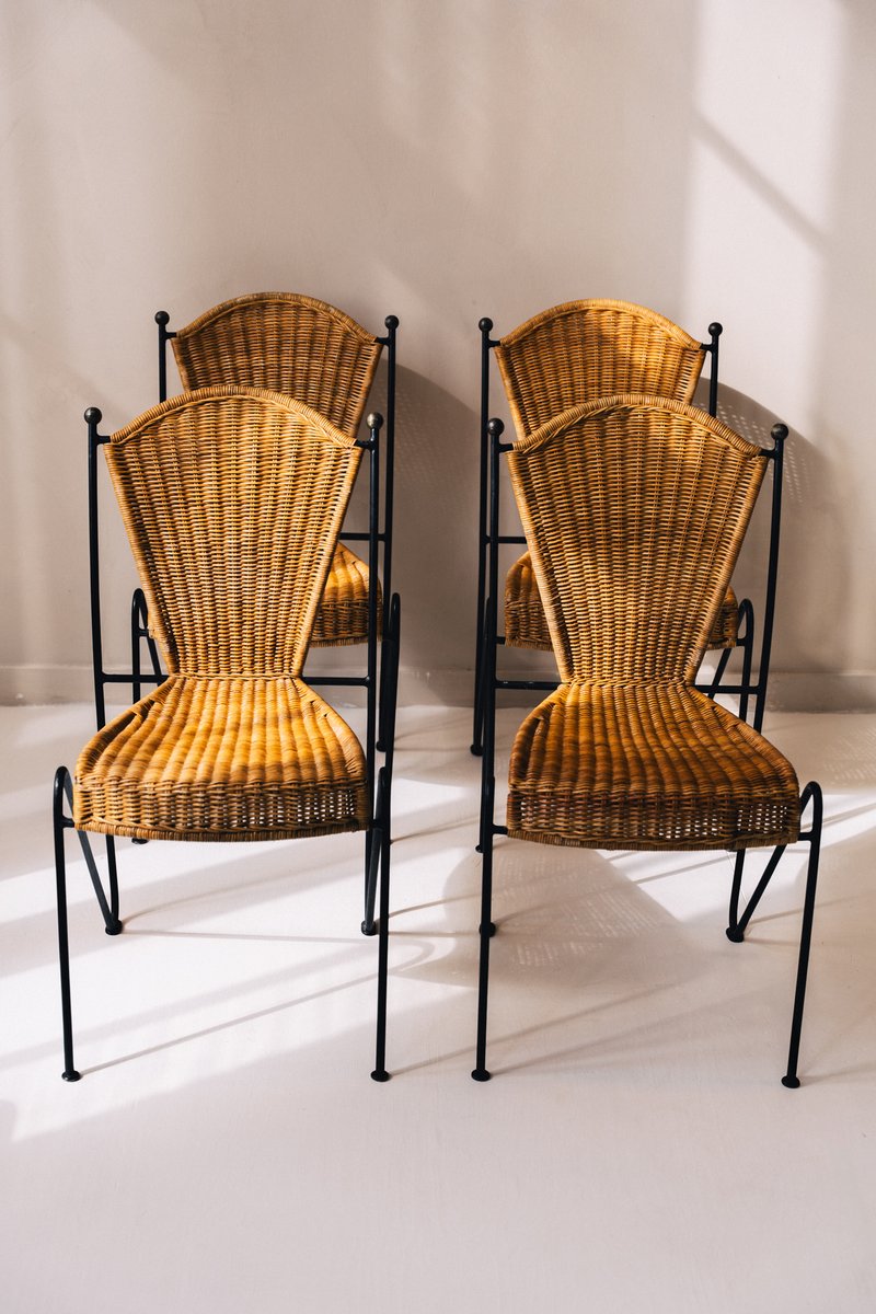 Wicker Chairs with Wrought Iron Legs by Frederic Weinberg, Set of 4 for ...