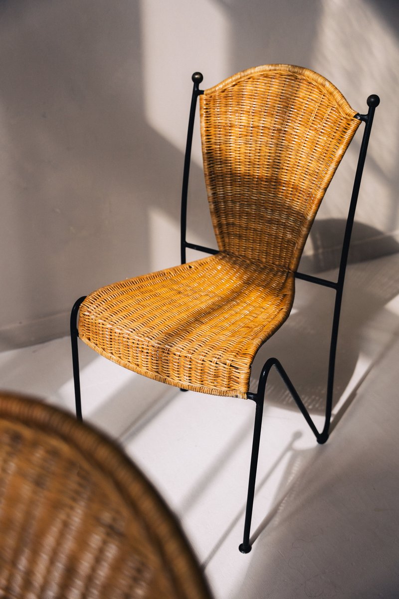 Wicker Chairs with Wrought Iron Legs by Frederic Weinberg, Set of 4 for ...