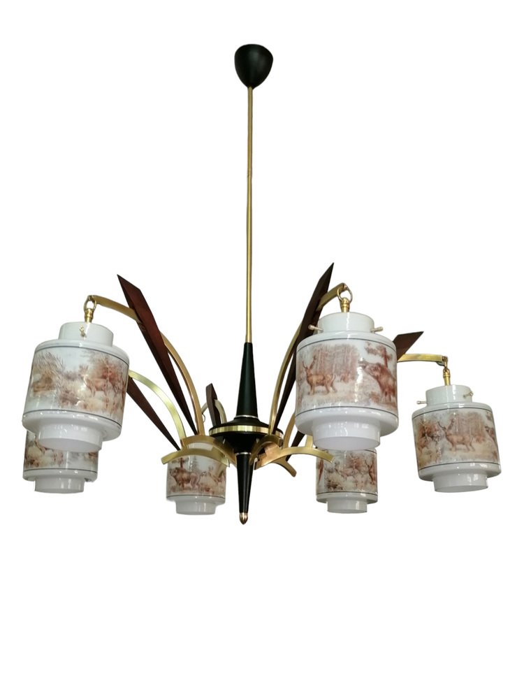 Suspension Chandelier with Opaline Glass Diffusers attributed to ...