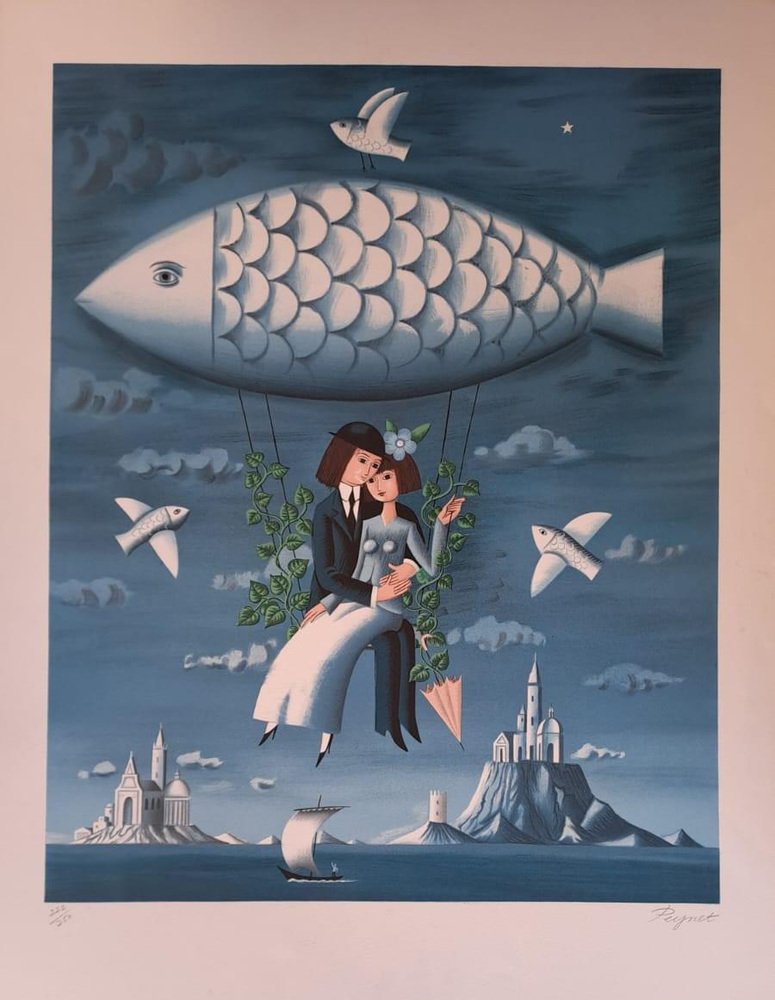 Raymond Peynet, Lovers in a Fish Balloon, Signierte ...